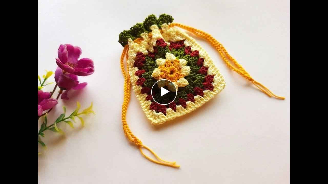 Crochet granny square small drawstring bag tutorial |Crochet drawstring pouch | Crochet potli bag